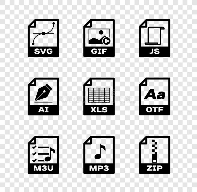 Set SVG File Document, GIF, JS, M3U, MP3 and ZIP Icon. Vector Stock ... Set SVG File Document, GIF, JS, M3U, MP3 and ZIP Icon. Vector Stock ...