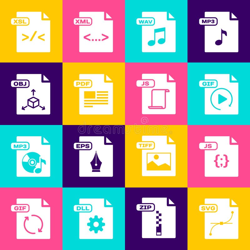 Set SVG File Document, JS, GIF, WAV, PDF, OBJ, XSL and Icon. Vector ... Set SVG File Document, JS, GIF, WAV, PDF, OBJ, XSL and Icon. Vector ...