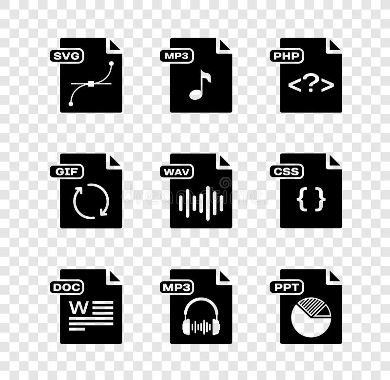 Set SVG File Document, MP3, PHP, DOC, PPT, GIF and WAV Icon. Vector ... Set SVG File Document, MP3, PHP, DOC, PPT, GIF and WAV Icon. Vector ...