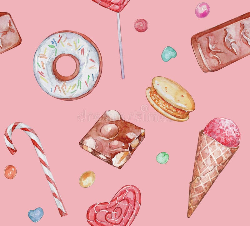 Set of Sweets on Pink Seamless Pattern Stock Illustration ...