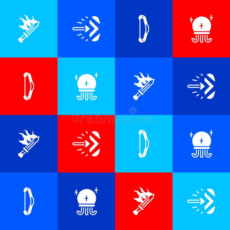 Set Sword for Game, Magic Arrow, Medieval Bow and Ball Icon. Vector ...