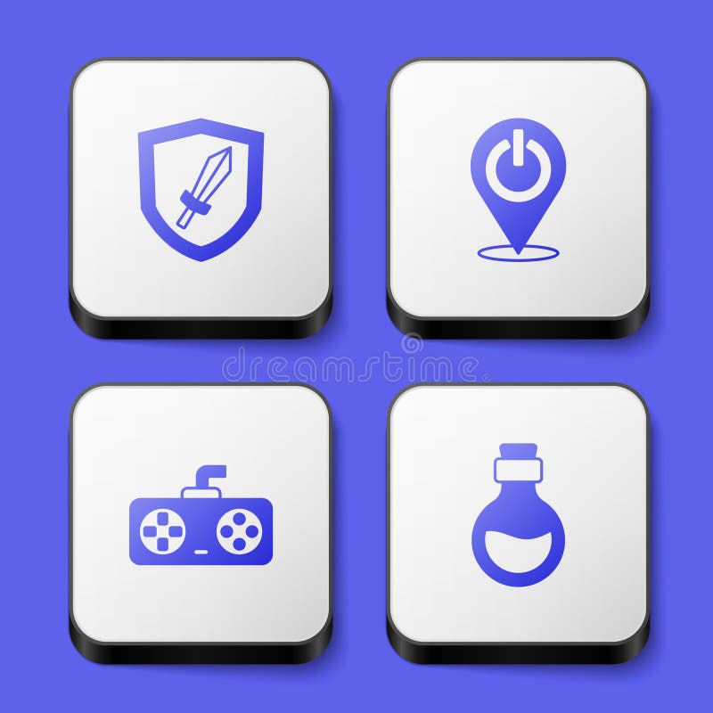 Set Sword for Game, Power Button, Game Controller Joystick and Bottle with Magic Elixir Icon ...