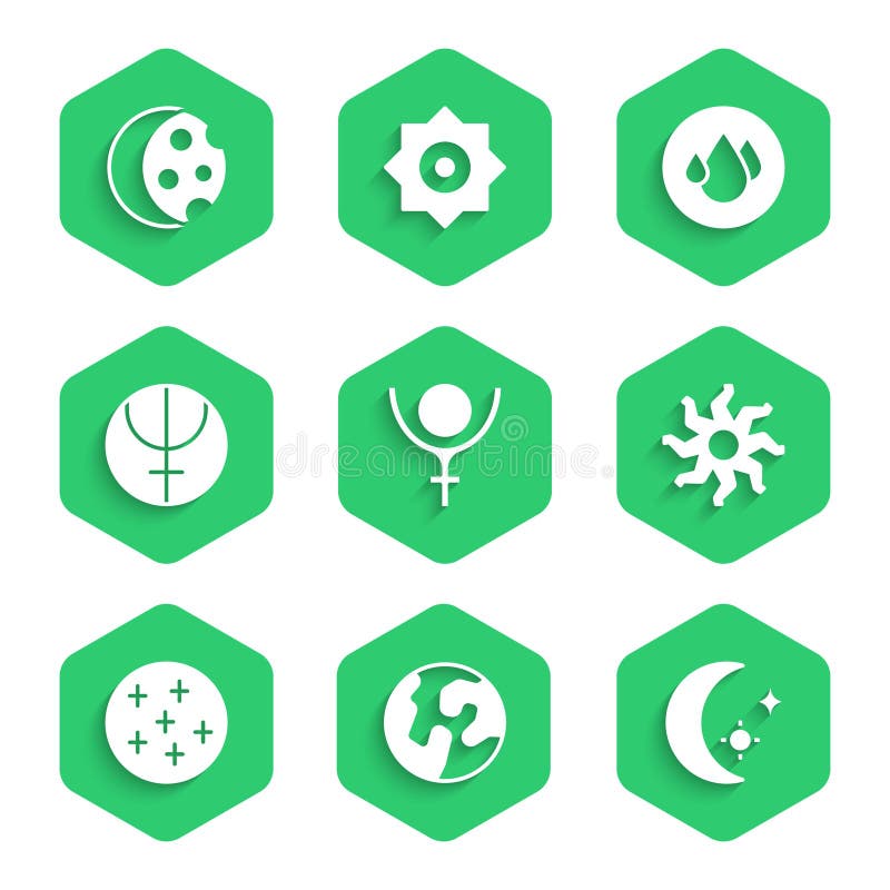 Set Symbol Pluto, Earth Globe, Moon and Stars, Sun, Full Moon, Neptune ...