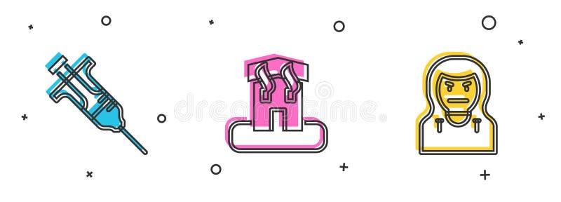 Set Syringe, Arson Home and Thief Mask Icon. Vector Stock Vector ...
