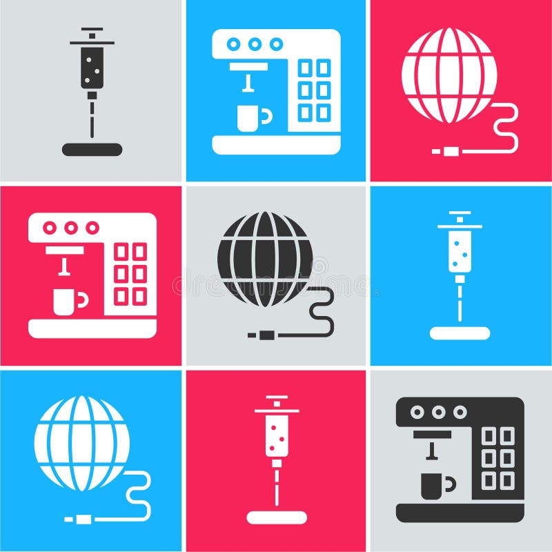 Set Syringe, Coffee Machine and Social Network Icon. Vector Stock ...