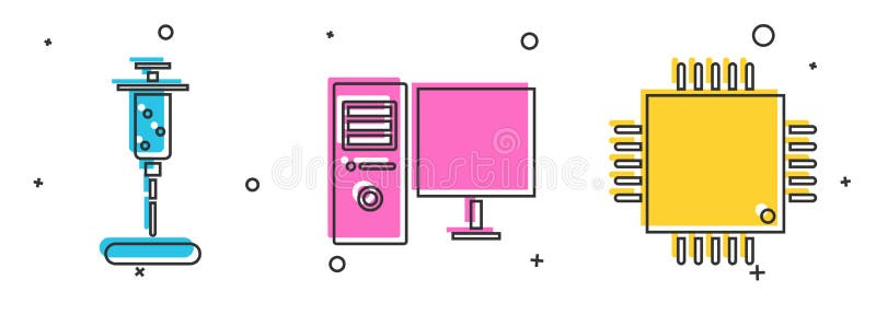 Set Syringe Computer Monitor And Processor With Microcircuits Cpu Icon Vector Stock Vector