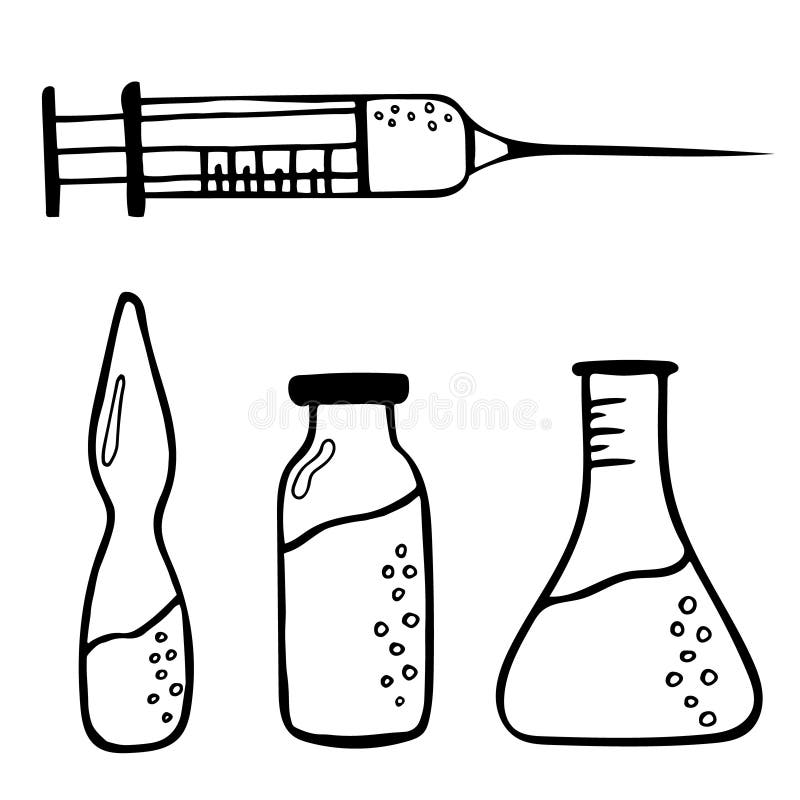 Set with Syringe, Flask and Vials: Simple Hand Drawn Vector ...