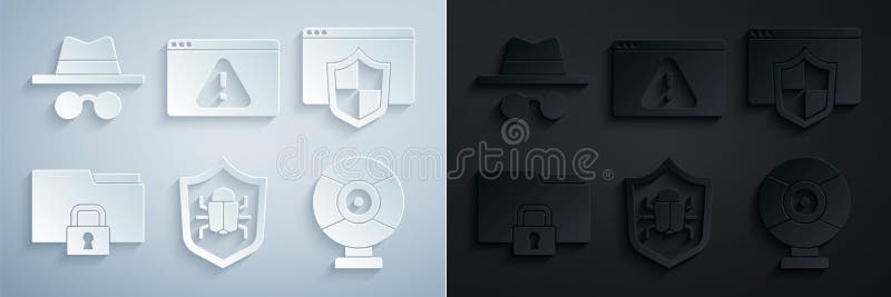 Set System Bug, Browser with Shield, Folder and Lock, Security Camera, Exclamation Mark and ...