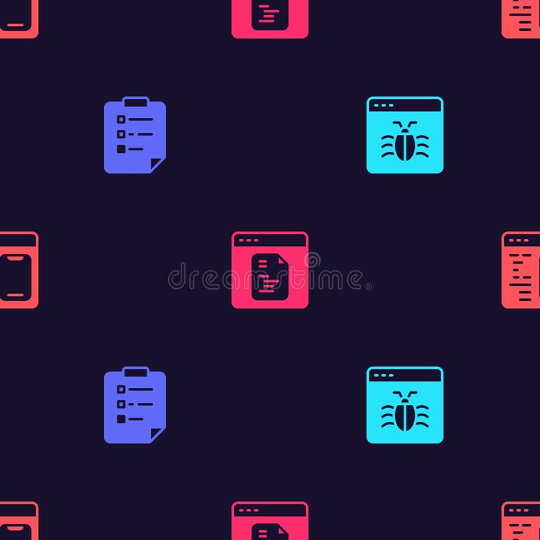 Set System Bug, Clipboard with Checklist, Software and on Seamless Pattern. Vector Stock Vector ...
