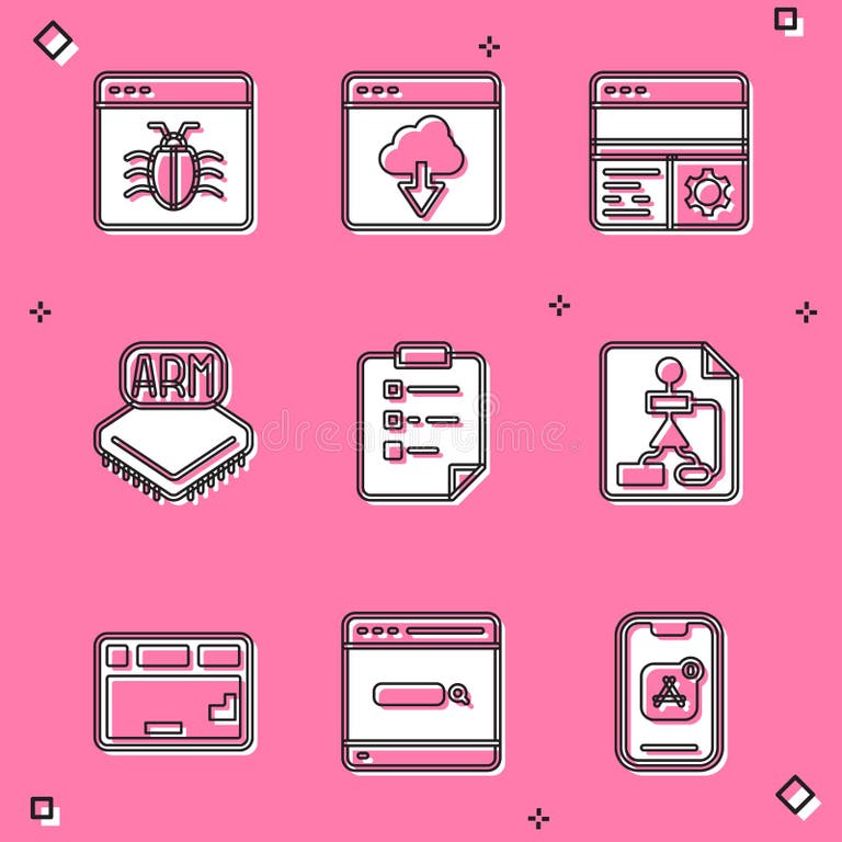 Set System Bug, Cloud Technology Data Transfer, Debugging, Processor, Clipboard with Checklist ...