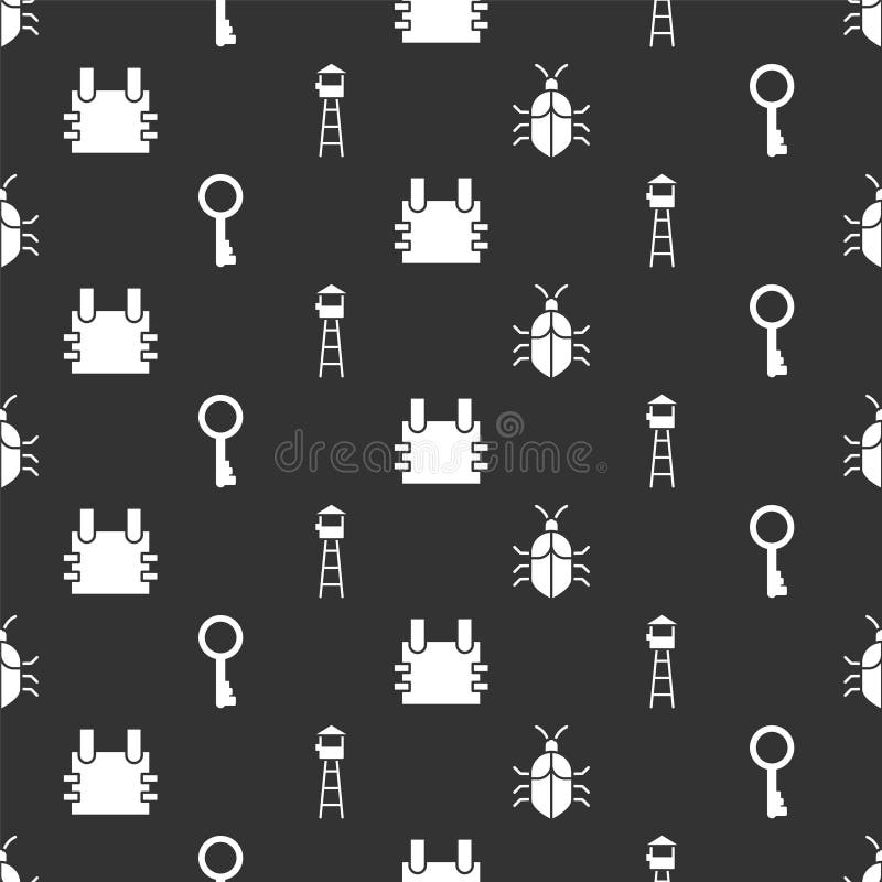 Set System Bug Concept, Old Key, Bulletproof Vest and Watch Tower on ... Set System Bug Concept, Old Key, Bulletproof Vest and Watch Tower on ...