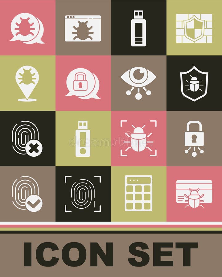 Set System Bug in Credit Card, Cyber Security, USB Flash Drive, and Eye ...