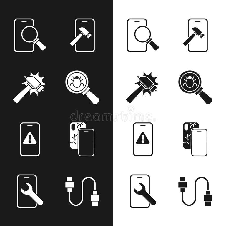 Set System Bug, Hammer, Phone Repair Service, Mobile with Broken Screen ...