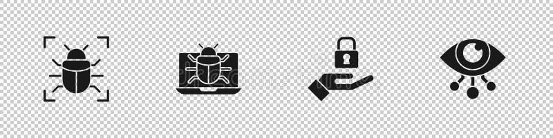 Set System Bug, on Monitor, Lock in Hand and Eye Scan Icon. Vector ... Set System Bug, on Monitor, Lock in Hand and Eye Scan Icon. Vector ...