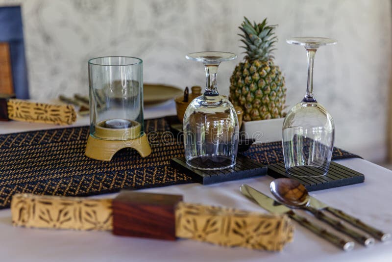 Set Table in Balinese Style with Bamboo Patterns and Batik, Decorated ...