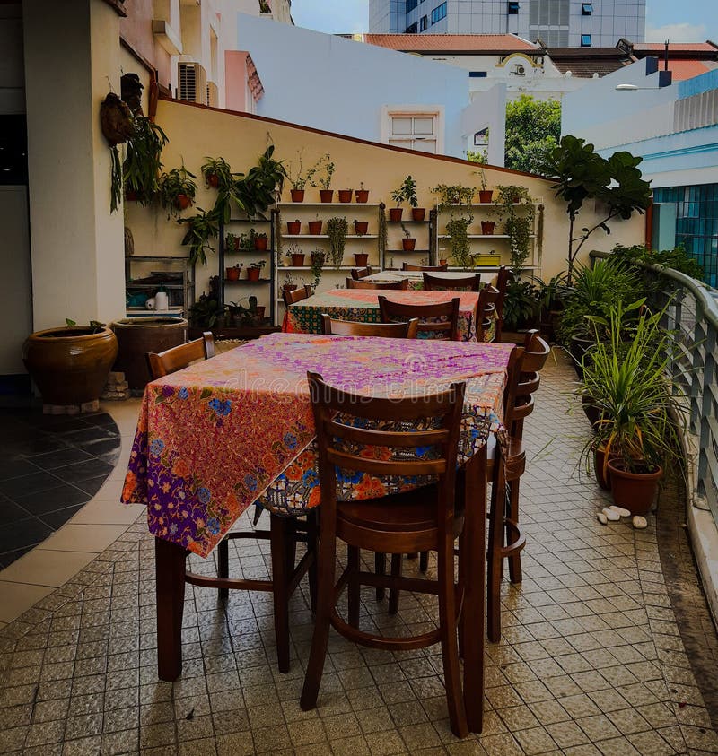 Set of Table with Batik Pattern with Potted Plants Stock Image - Image ...