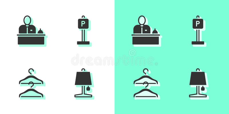 Set Table Lamp, Hotel Reception Desk, Hanger Wardrobe and Parking Icon ...