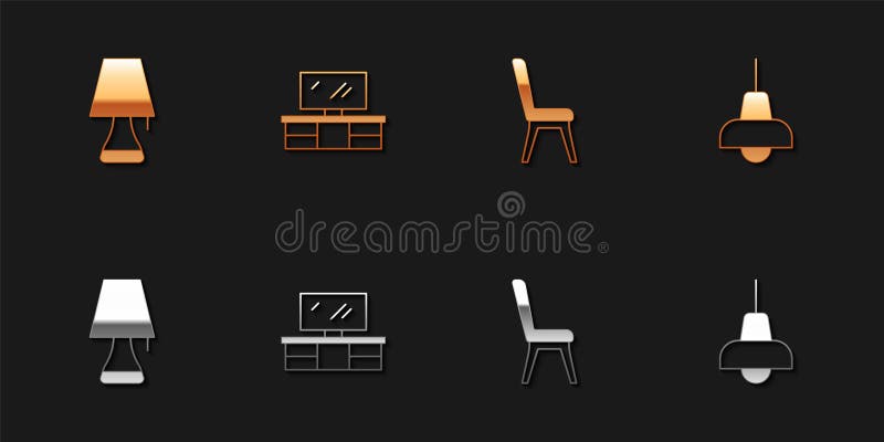 Set Table Lamp, TV Table Stand, Chair and Lamp Hanging Icon. Vector ...