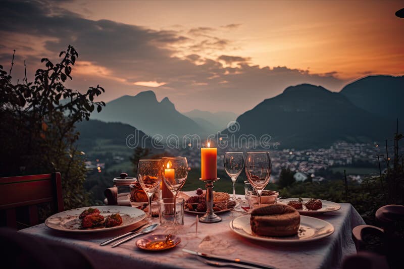 Romantic Dinner with View of Mountain at Sunset. Generative AI Stock ...