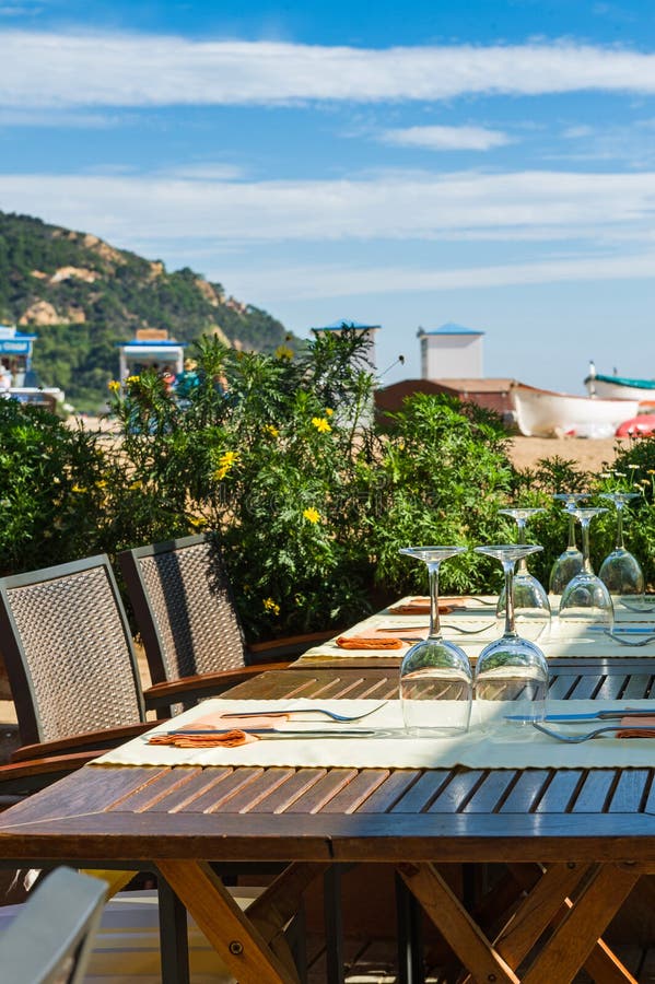 Set Tables at Outside Dining Area Stock Photo - Image of daylight ...