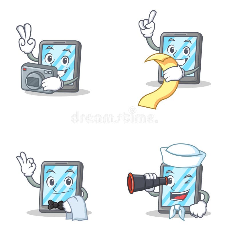 Set of Tablet Character with Menu Waiter Binocular Photographer Stock ...