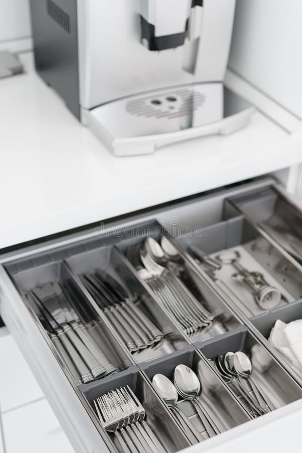 Set Tableware. Plastic Tray with of Forks, Knives and Spoons in the ...