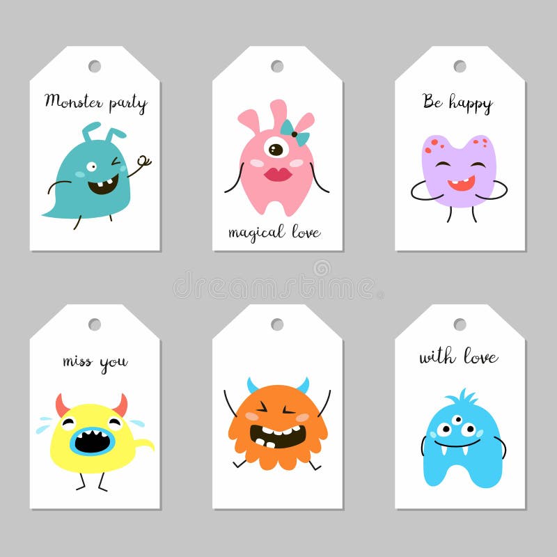 Set of Tags with Cartoon Monsters. Stock Illustration - Illustration of ...