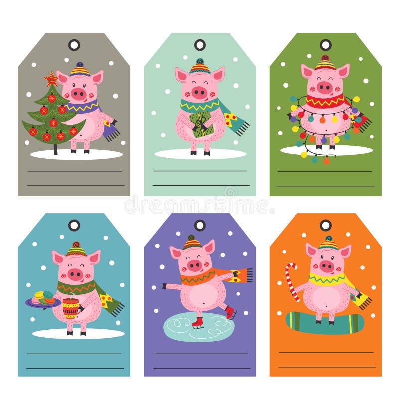 Set of Tags with Christmas Pig Stock Vector - Illustration of animal ...