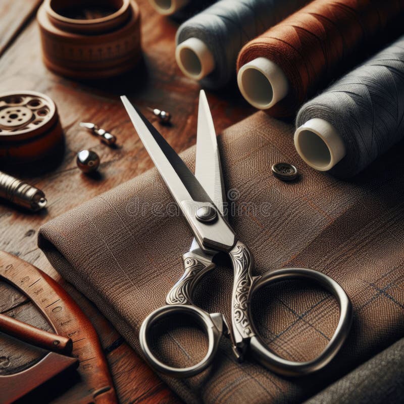 Set of Tailoring Sheers (scissors) Set on Fabric Cutting Table Stock ...