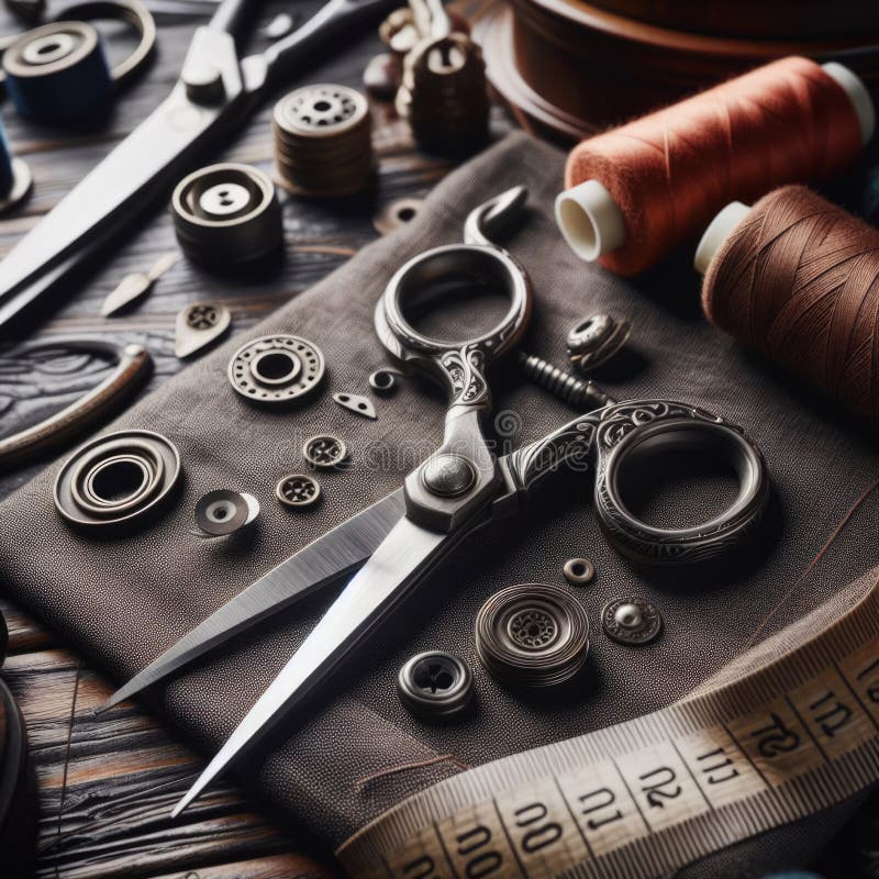 Set of Tailoring Sheers (scissors) Set on Fabric Cutting Table Stock ...