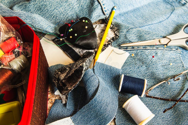 Set of Tailoring Tools, Accessories and Fabric on Table Stock Photo ...