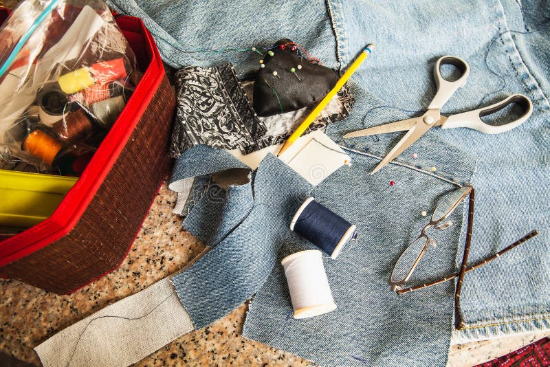Set of Tailoring Tools, Accessories and Fabric on Table Stock Photo ...