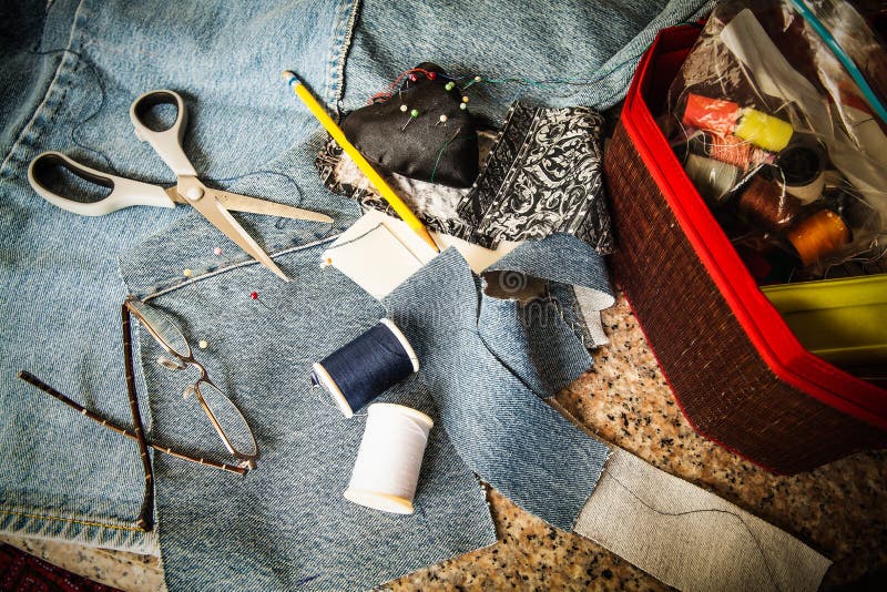 Set of Tailoring Tools, Accessories and Fabric on Table Stock Photo ...