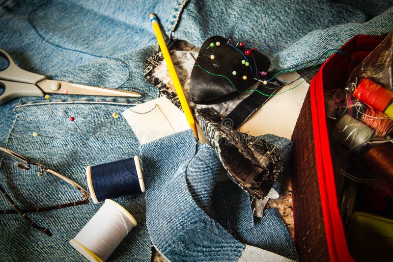 Set of Tailoring Tools, Accessories and Fabric on Table Stock Image ...