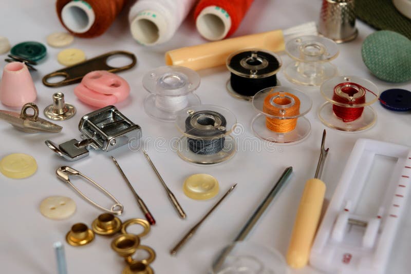 Set of Tailoring Tools and Accessories on Table Stock Photo - Image of ...