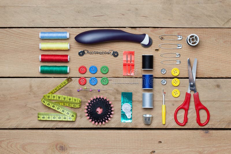 Set of Tailoring Tools on Wooden Background Stock Image - Image of ...