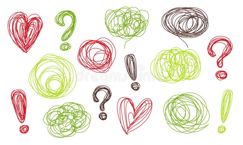 Set of Tangle of Thoughts, Hearts, Question Marks and Exclamation Marks ...