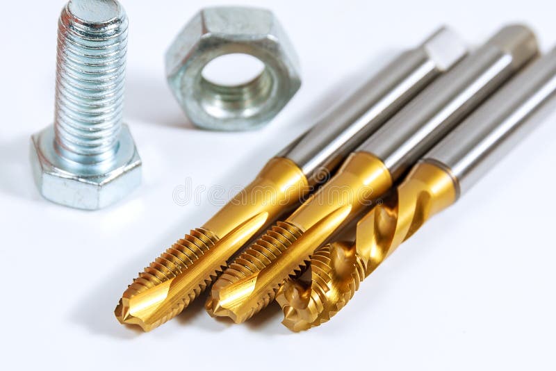 Set of Tap for Threading in Metal. Bolts and Nuts Isolated on White ...