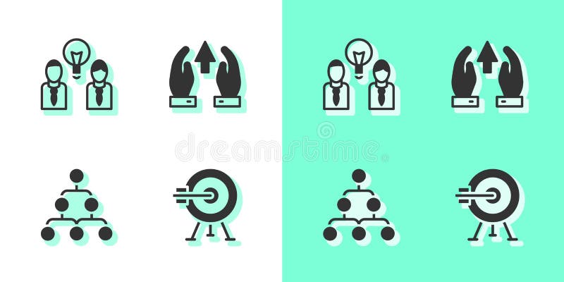 Set Target with Arrow, People Lamp Bulb, Hierarchy Organogram Chart and ...