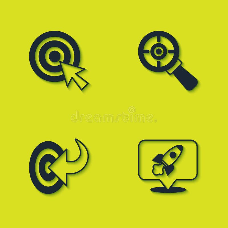 Set Target with Arrow, Rocket Ship, and Magnifying Glass Icon. Vector ...