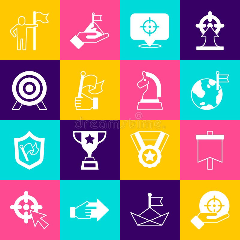 Set Target, Flag, Planet with Flag, Hand Holding, Man and Chess Icon ...
