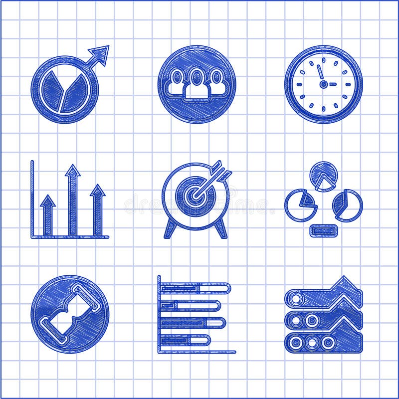 Set Target, Pie Chart Infographic, Graph, Chart, Diagram, Old Hourglass with Sand, Clock and ...