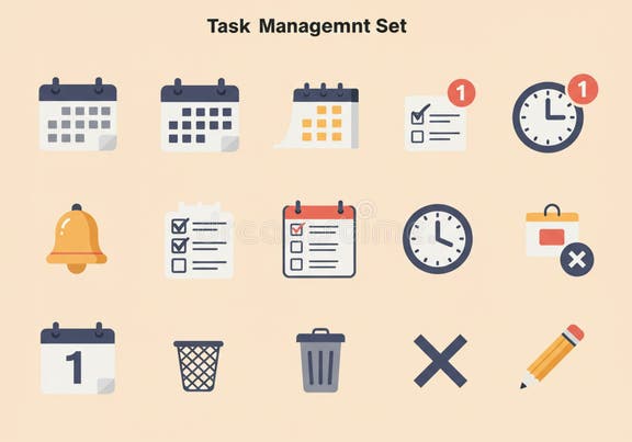 Set of Task Management Icons on a Light Background. Includes Calendars ...