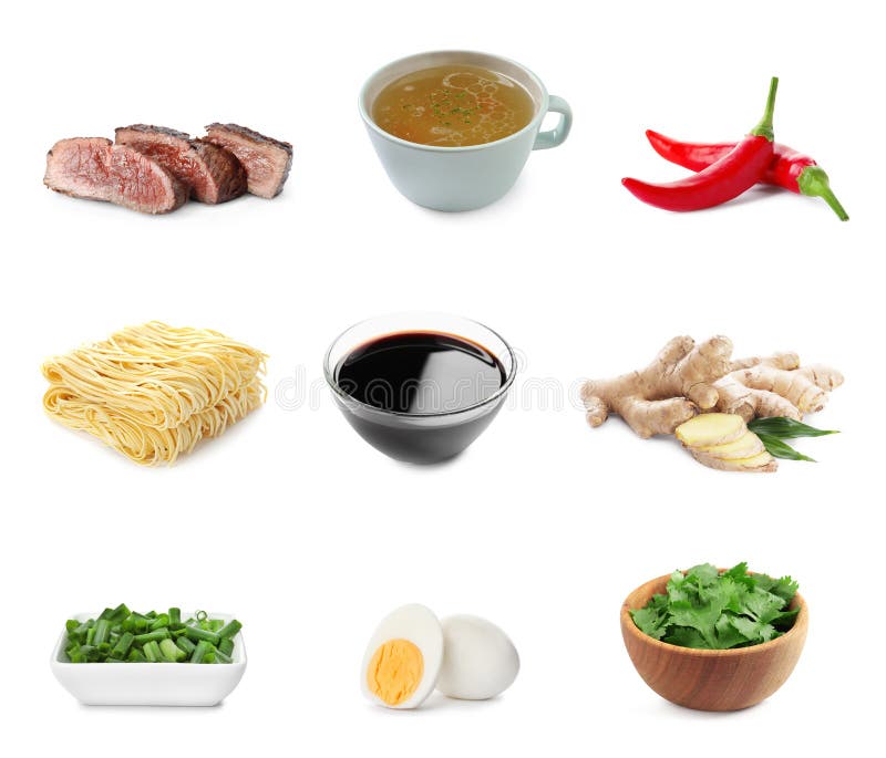 Set with Tasty Ingredients for Ramen on White Background Stock Photo ...