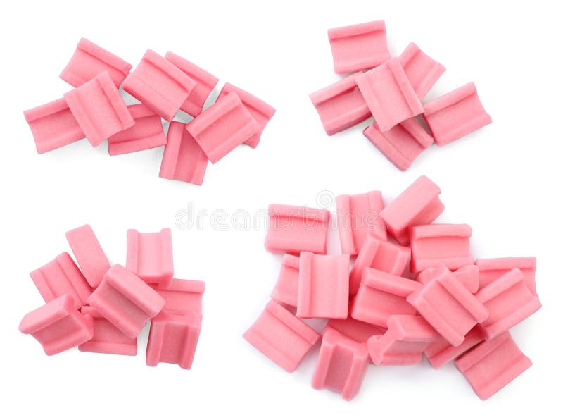 Set of Tasty Pink Bubble Gums on White, Top View Stock Photo - Image of ...