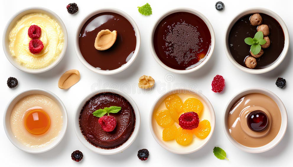 Set of Tasty Pudding Isolated on White, Top View Stock Illustration ...
