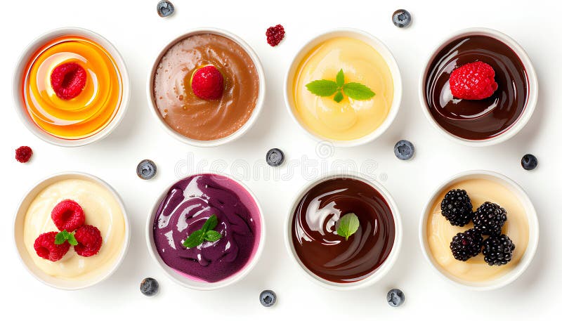 Set of Tasty Pudding Isolated on White, Top View Stock Illustration ...