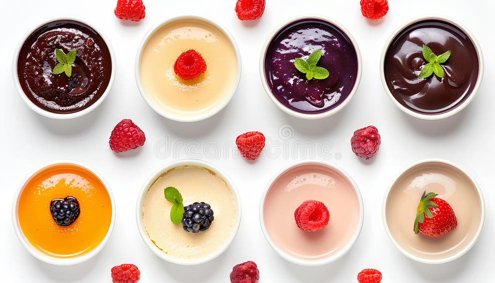 Set of Tasty Pudding Isolated on White, Top View Stock Illustration ...