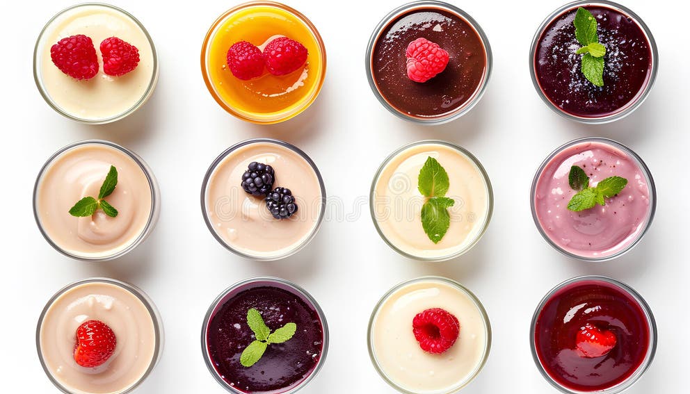 Set of Tasty Pudding Isolated on White, Top View Stock Illustration ...