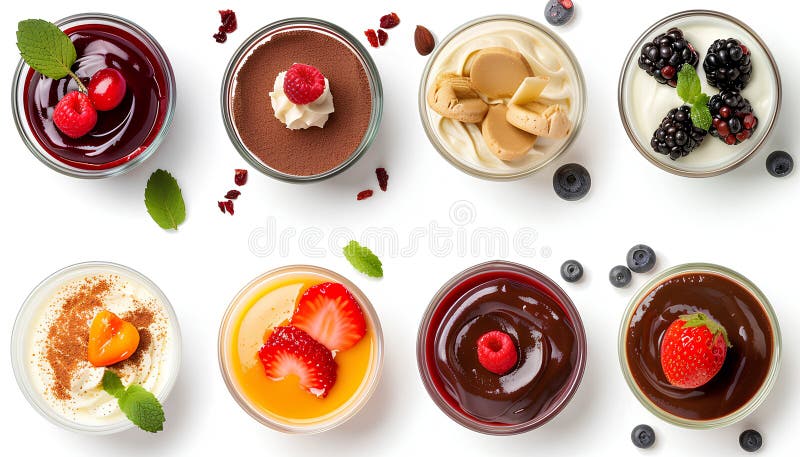 Set of Tasty Pudding Isolated on White, Top View Stock Illustration ...